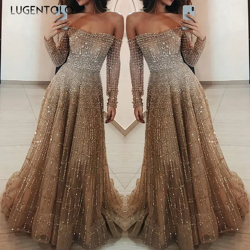 Lugentolo 여성용 레이스 스팽글 긴 소매 엠파이어 오프 숄더 파티 드레스 섹시한 패션 바닥 길이 레이디 드레스드레스