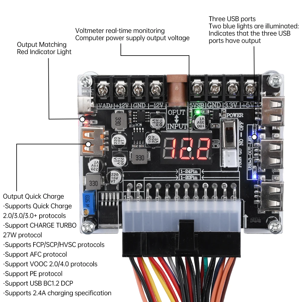 Diymore 20/24Pin ATX Pins ATX Breakout Board and Acrylic Case Kit Module Adapter Connector Power ...