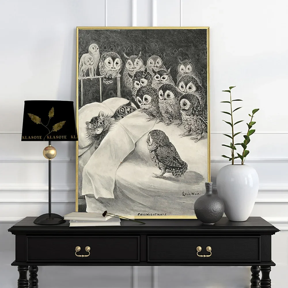 Vintage-Louis-Wain-Cat-Nightmare-Owl-Stare-Poster-Antique-Black-White ...