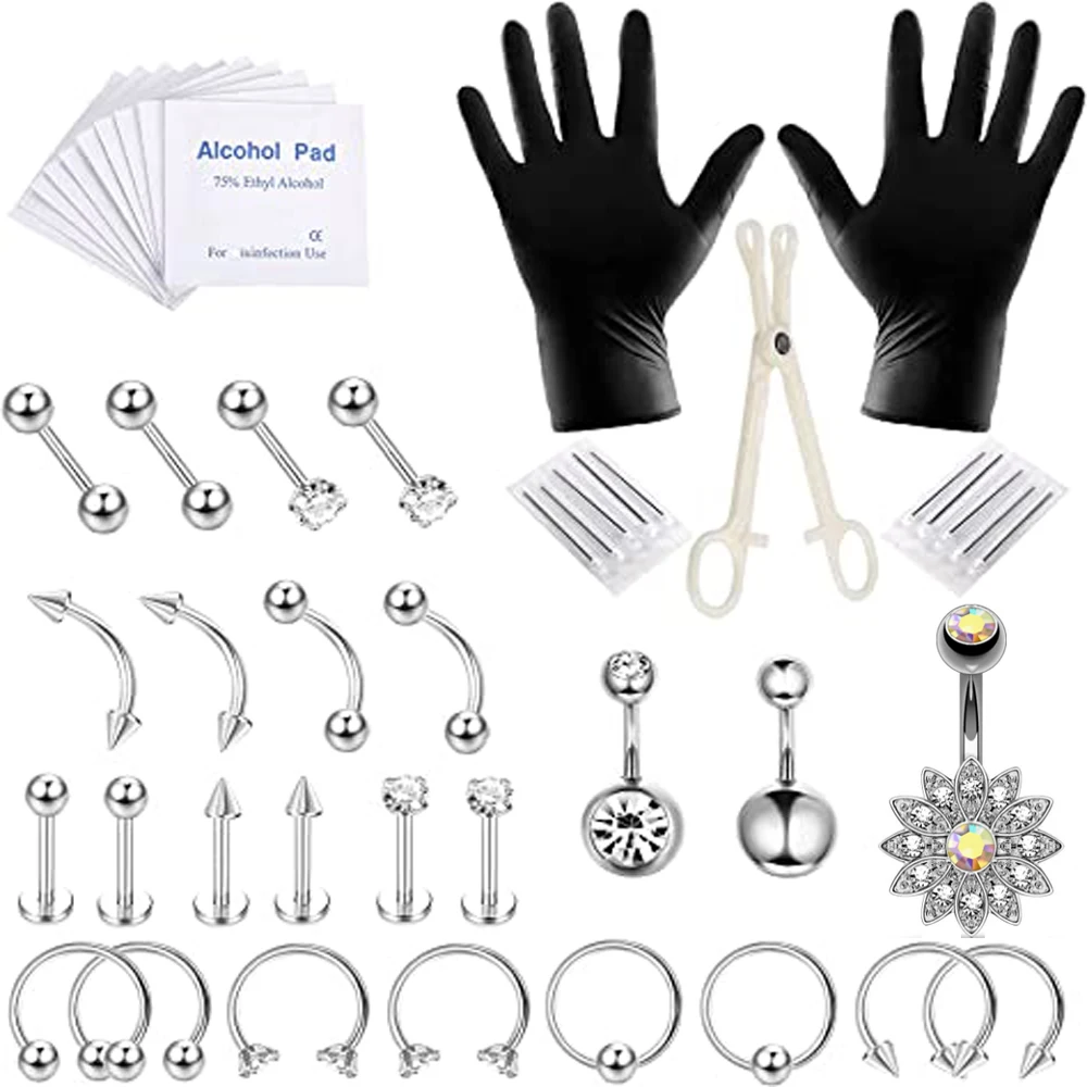 48-PCS-Piercing-Kit-Silver-Belly-Button-Ear-Cartilage-Tongue-Eyebrow ...