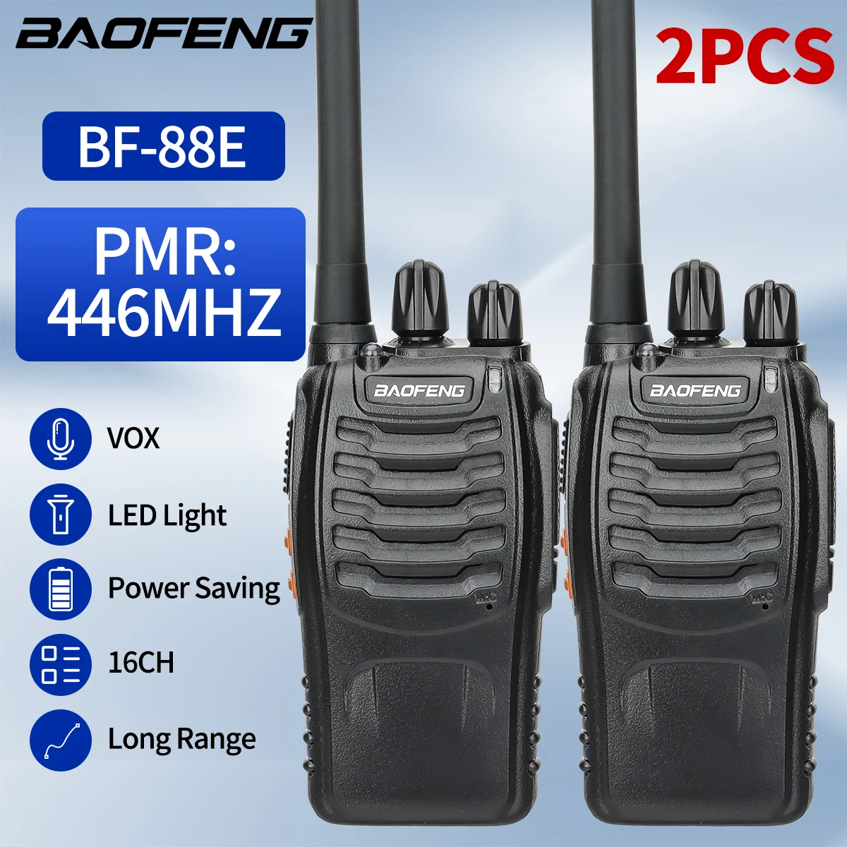 2PCS Baofeng BF-88E Walkie Talkie PMR 446MHz 1500mAh 16 Channel Long ...