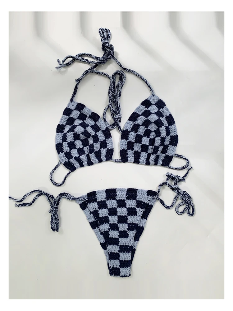 2022 Women New Crochet Checkered Bikini Set Navy And Light Blue Crochet