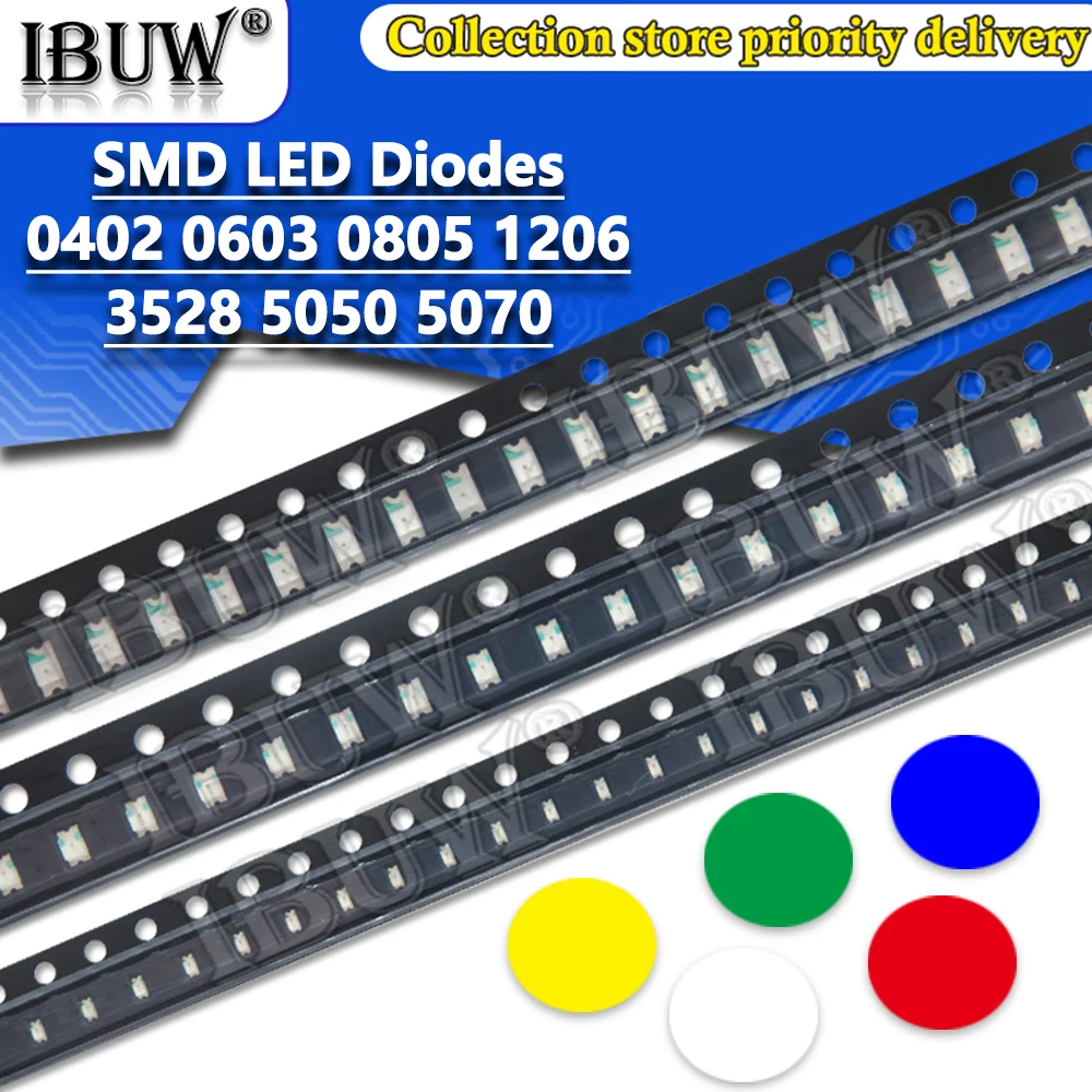 100pcs 0402 0603 0805 1206 1210 3528 5050 5730 smd led Red Yellow Green ...