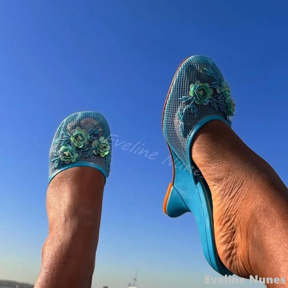 Mesh Round Toe Wedges Slippers Women Rhinestone Embroidery Strange ...