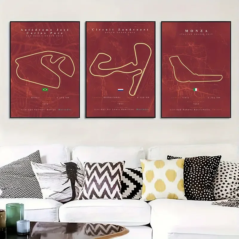 3pcs Vintage F1 Race Track Canvas Art Set - Classic Abstract Design ...