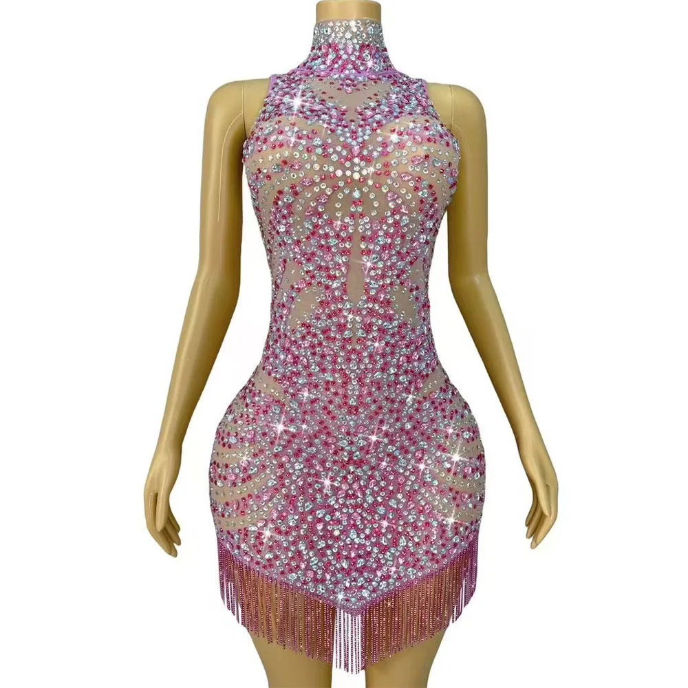 Sexy Stage Sparkly Rhinestones Chains Pink Mesh Short Dress Women ...