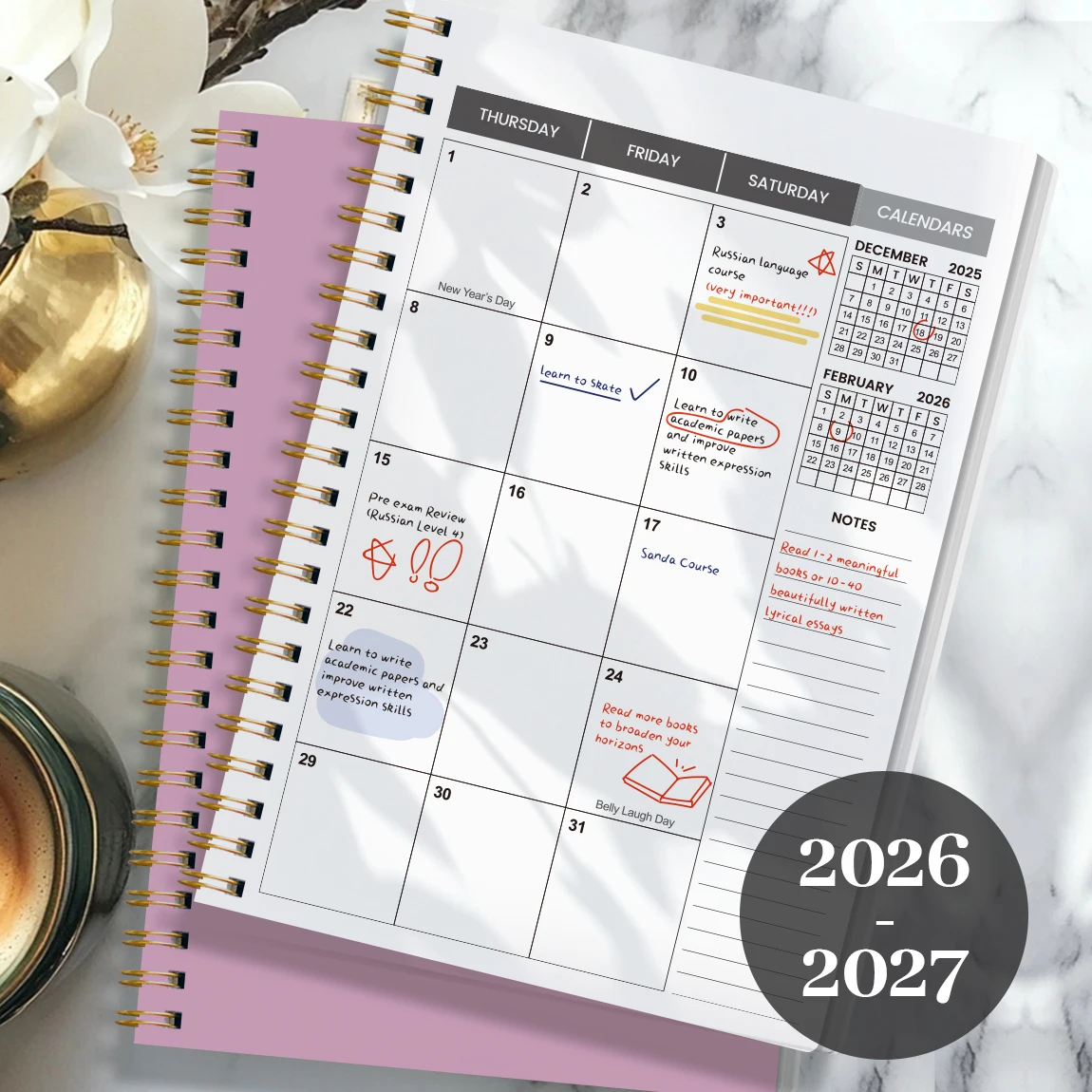 2026-2027 A5 Monthly Planner, Spiral Bound, Pink Minimalist Cover, 24 ...