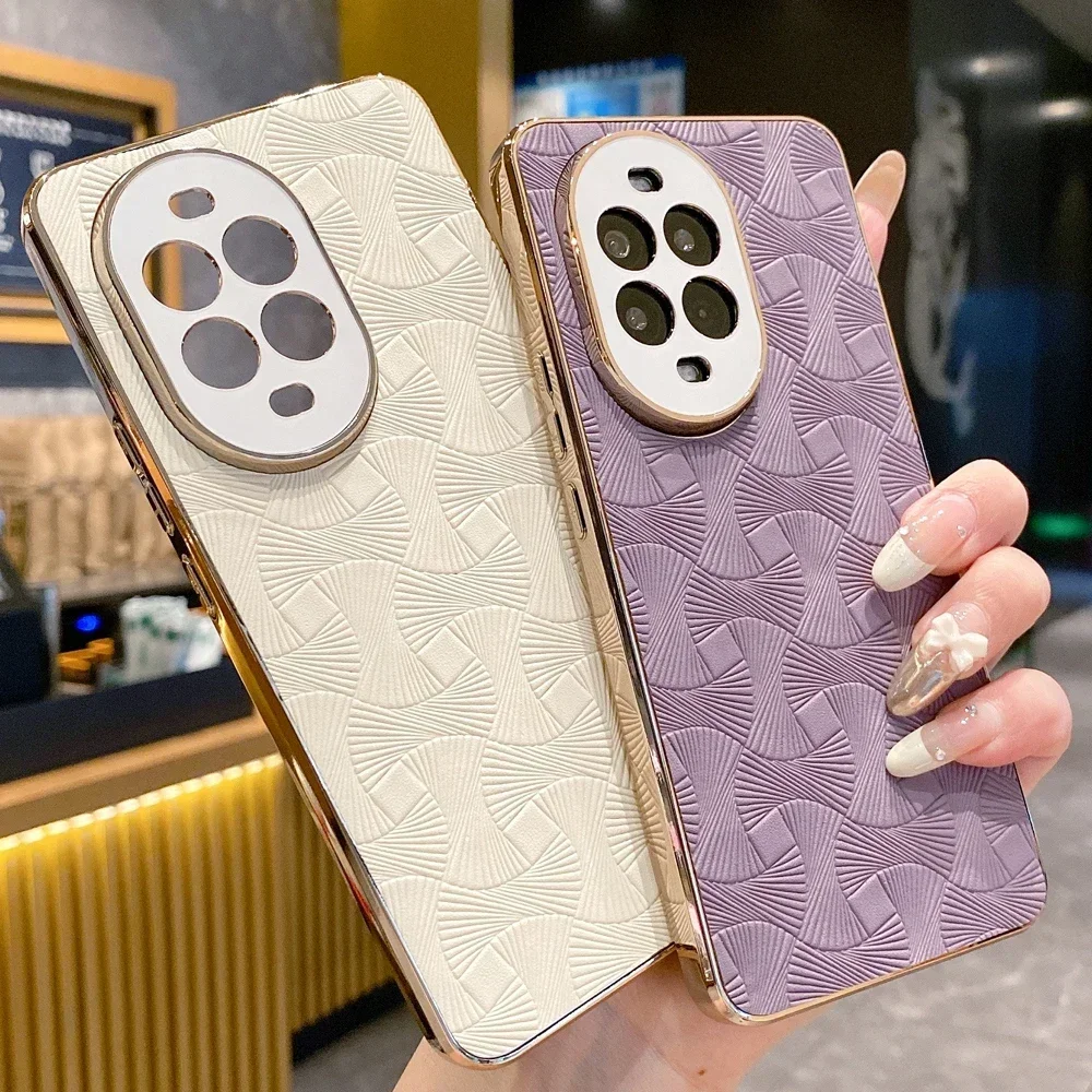 Luxury Gold Plating Leather Cover Line Pattern Hard Phone Case for ...