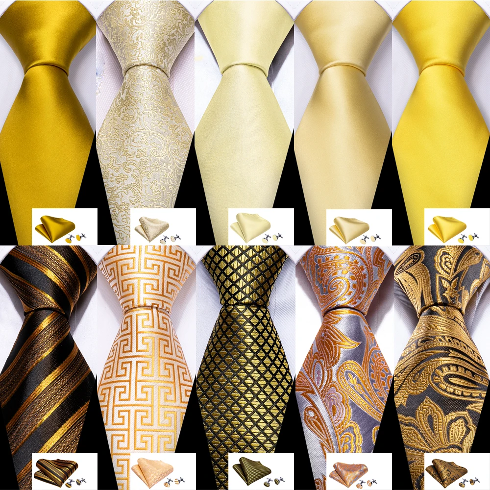 Fashion-Silk-Men-Tie-Set-Gold-Yellow-Orange-Solid-Paisley-Striped-Plaid-Floral-Necktie-Pocket ...