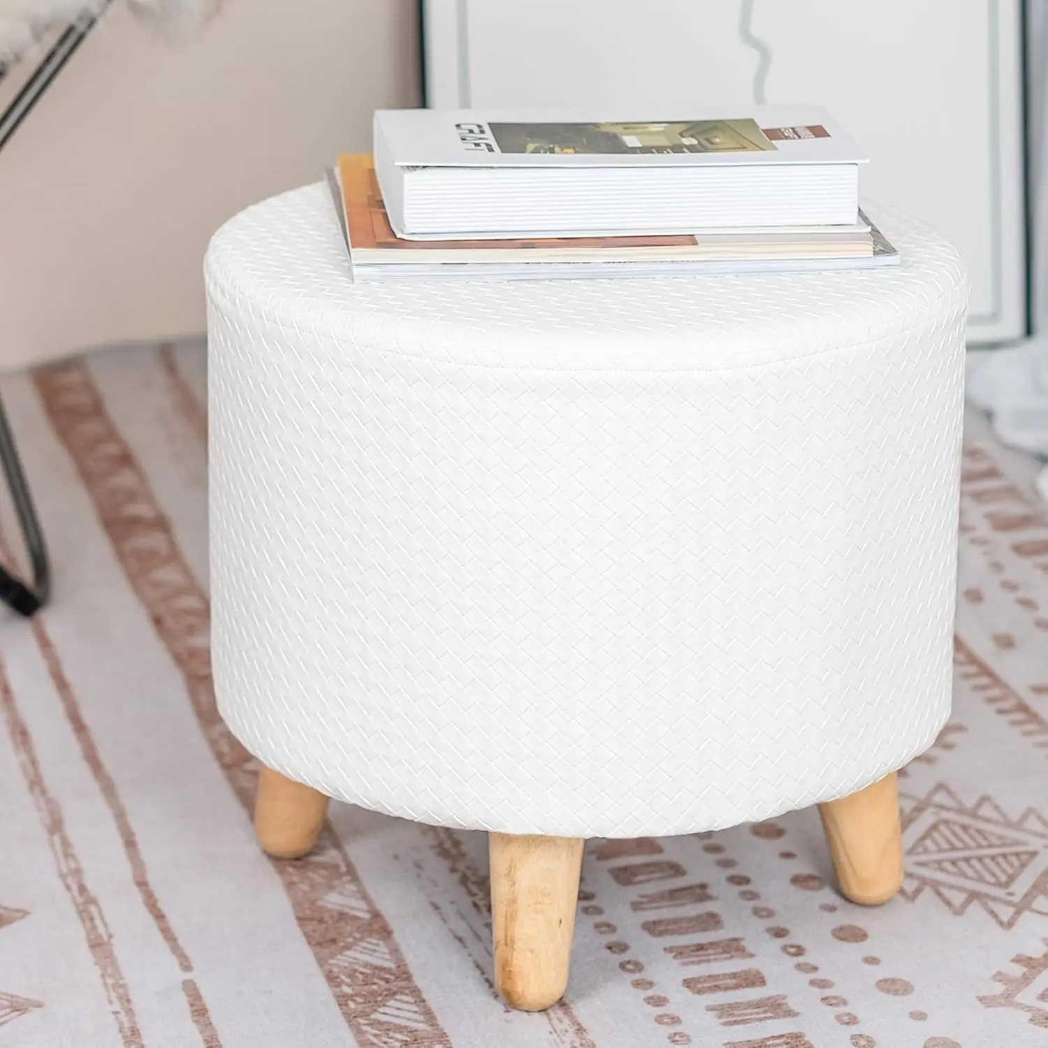 Round Footstool Ottoman,Leather Upholstered Stool,Footstool With One ...