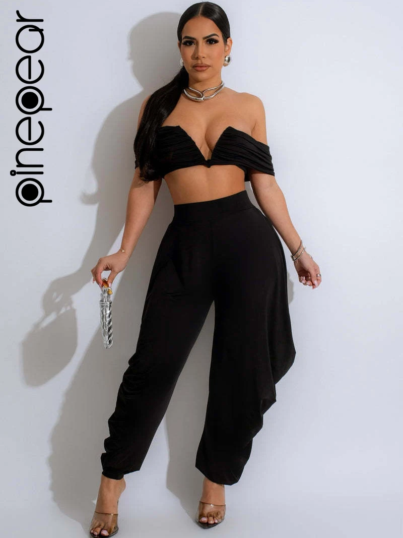 PinePear-2024-Fashion-Pleated-Two-Piece-Set-Ruched-Strapless-Cropped-Top-and-High-Waisted-Long ...