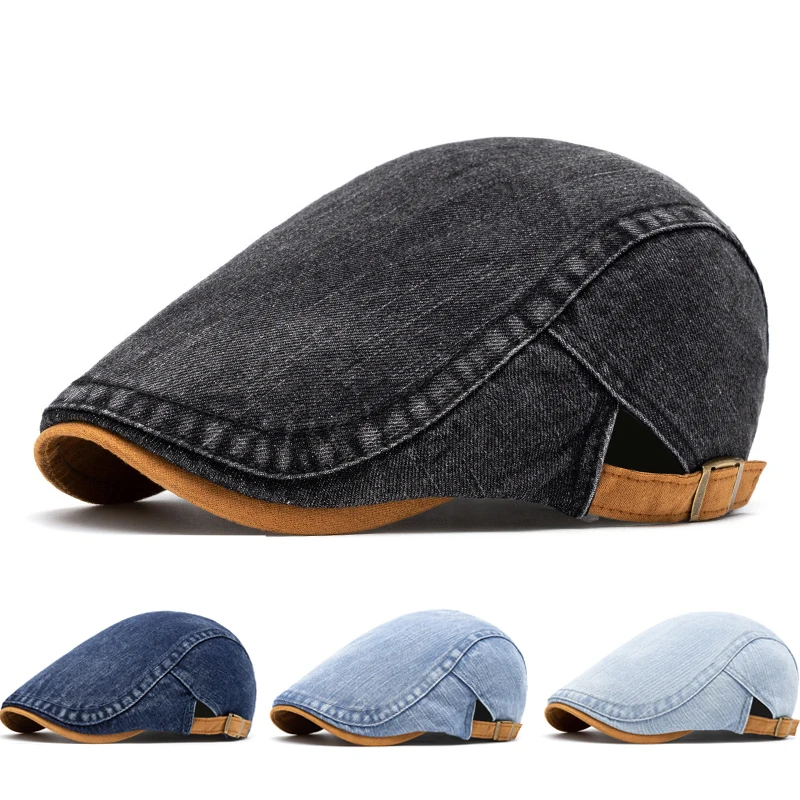 Vintage Washed Denim Newsboy Beret Hat Men Women Peaky Cabbie Hats ...