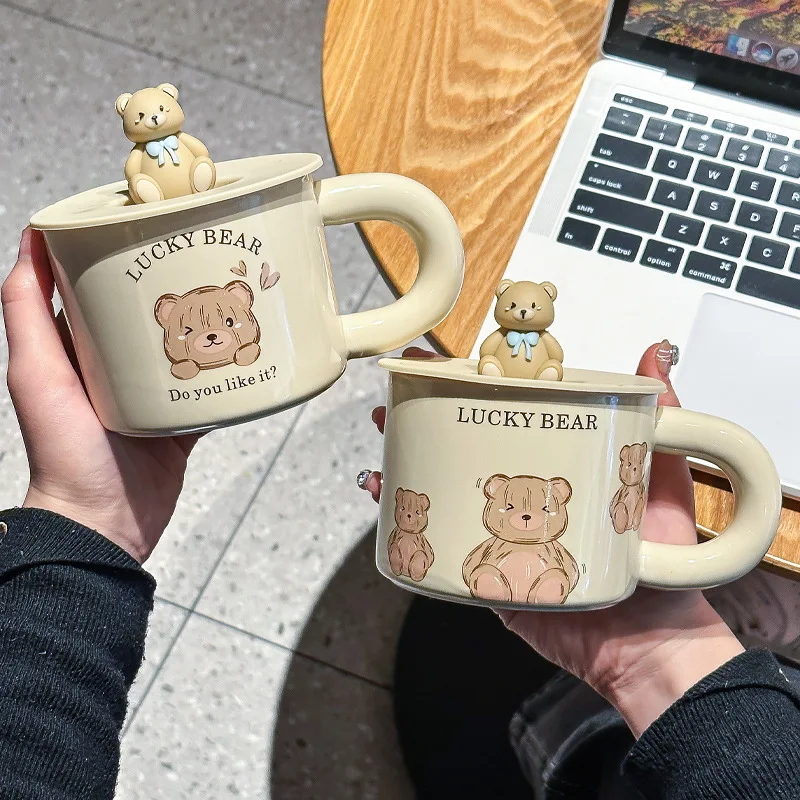 Taza de cerámica con tapa de oso lindo coreano para niña, taza de café con leche para el ...