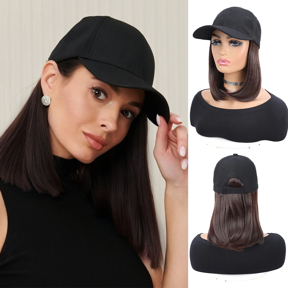 Short Straight Bob Wigs in Hat Adjustable Baseball Cap with Hair ...