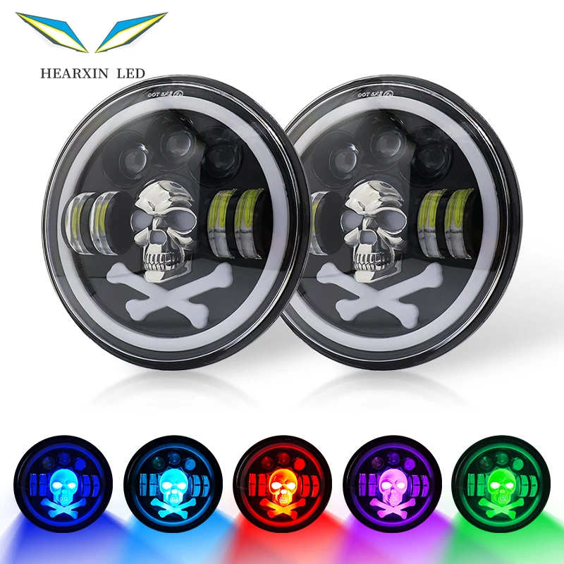 7-inch-Skull-RGB-LED-Headlights-Halo-Angel-Eyes-DRL-Skull-Devil-Eye ...