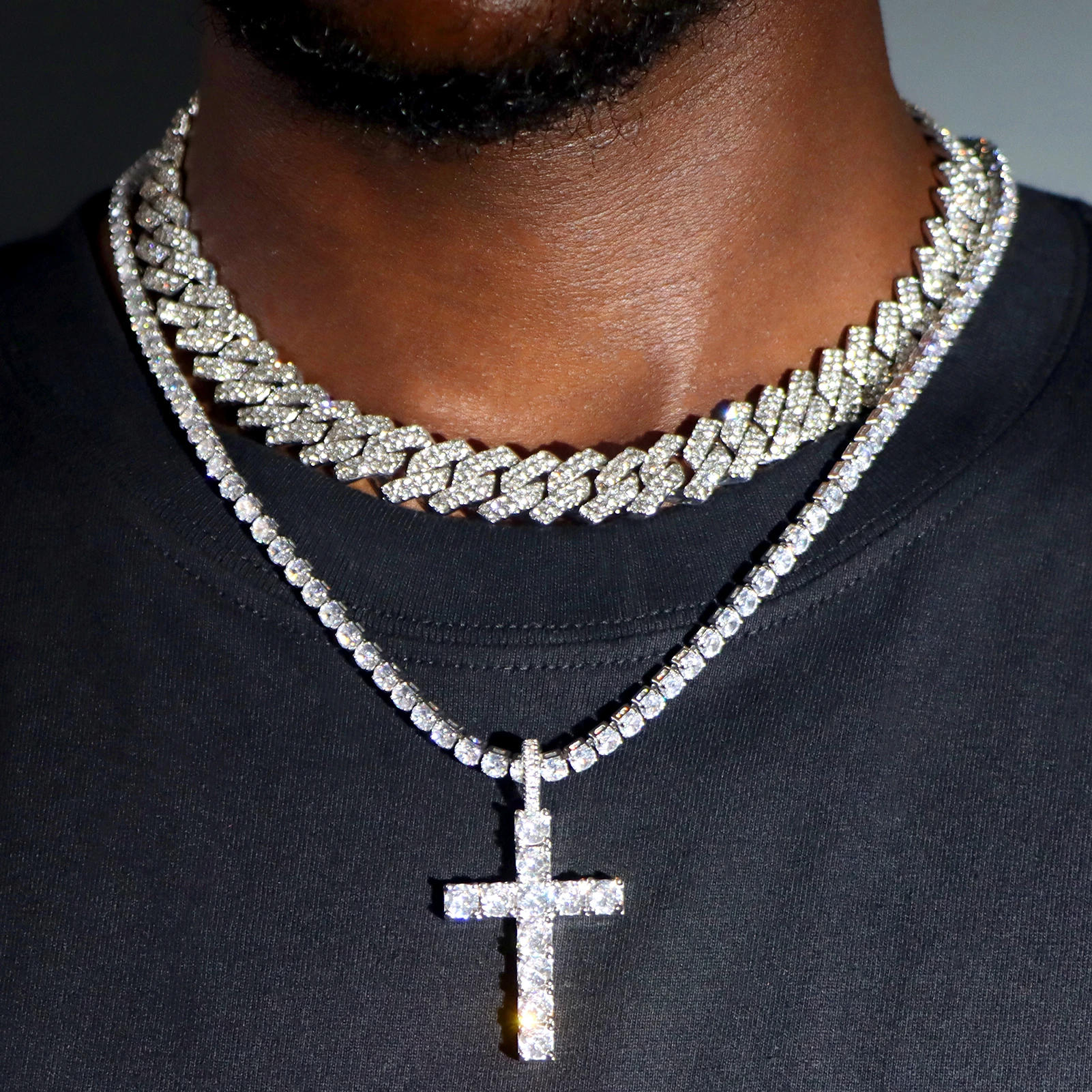 Hip Hop 2pcs Cross Tennis Chain 14MM Prong Cuban Necklace For Men Women ...