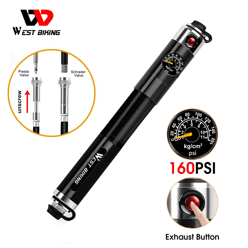 West Biking 자전거 공기 주입 펌프 고압 160psi 알루미늄 자전거 에어 펌프 Presta Schrader 밸브
