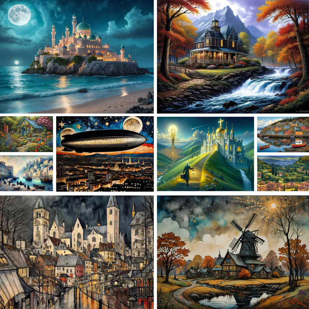 Landscape-Fantasy-House-Pre-Printed-11CT-Cross-Stitch-Embroidery ...