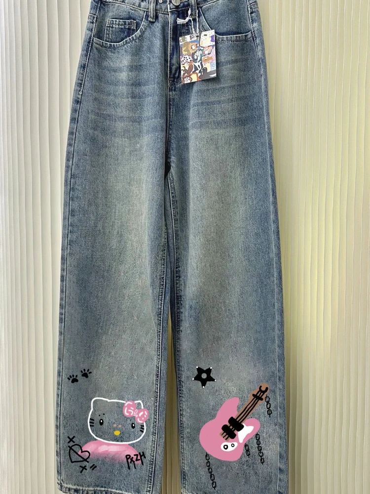 ADAgirl-High-Waist-Jeans-Women-Y2k-Loose-Kpop-Cutecore-Cat-Pattern-Blue ...