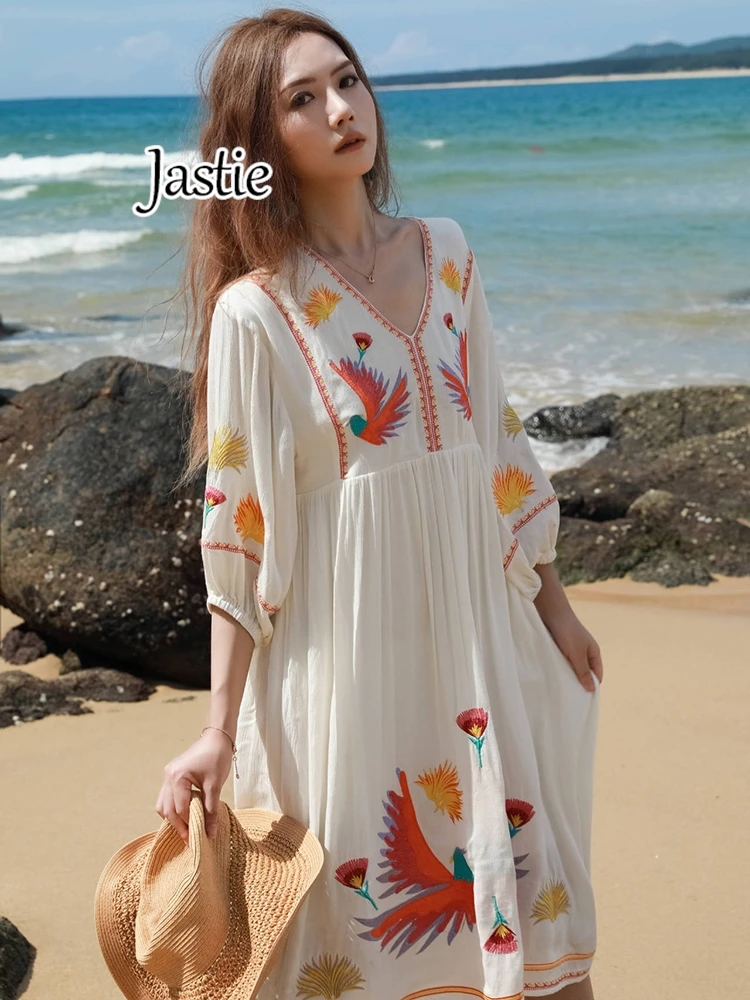 Jastie-Ethnic-Embroidered-Dress-Women-s-V-neck-3-4-Sleeves-Retro-Beach ...