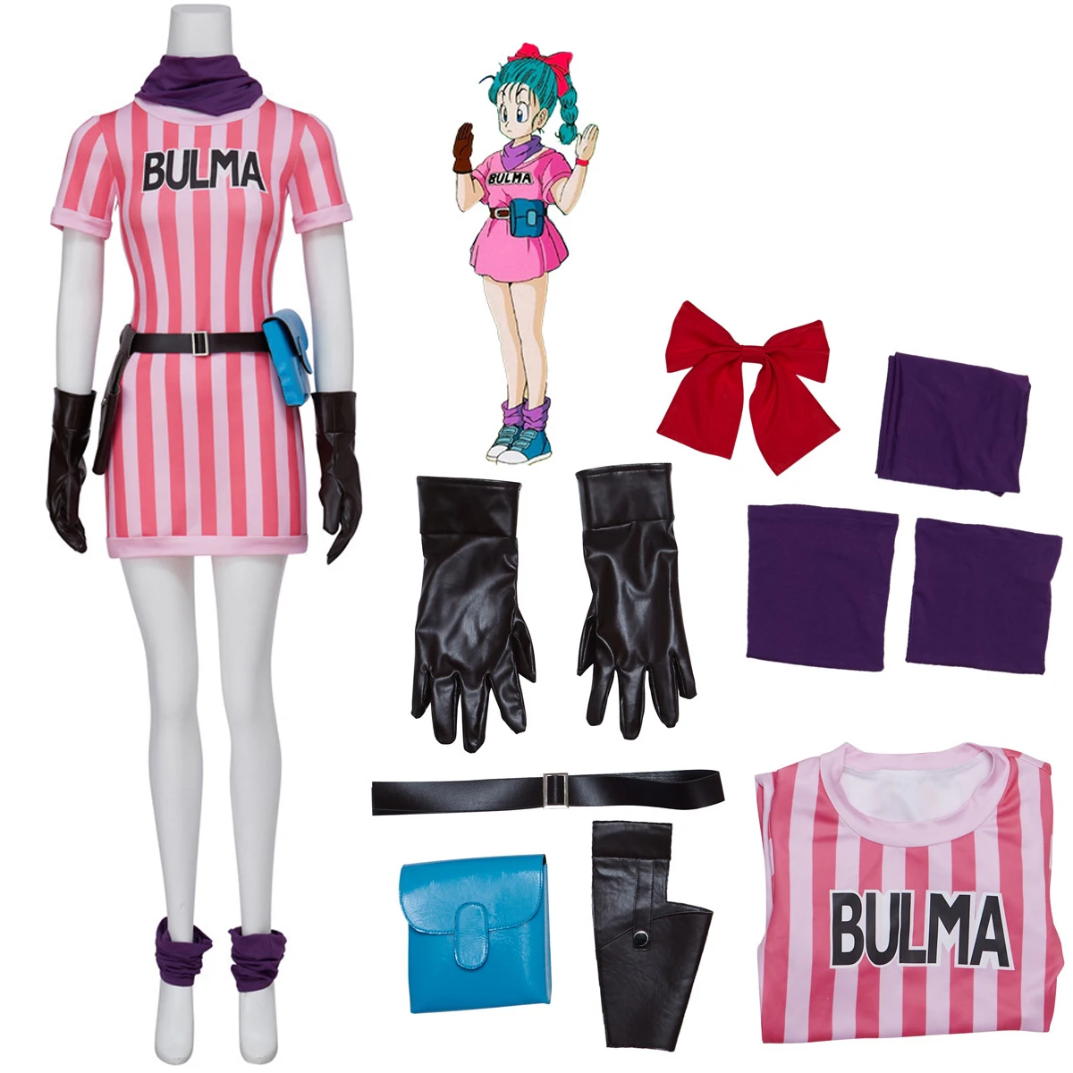 Disfraz-de-Dragon-Ball-Bulma-para-Cosplay-traje-Con-cintur-n-bolsa-de ...
