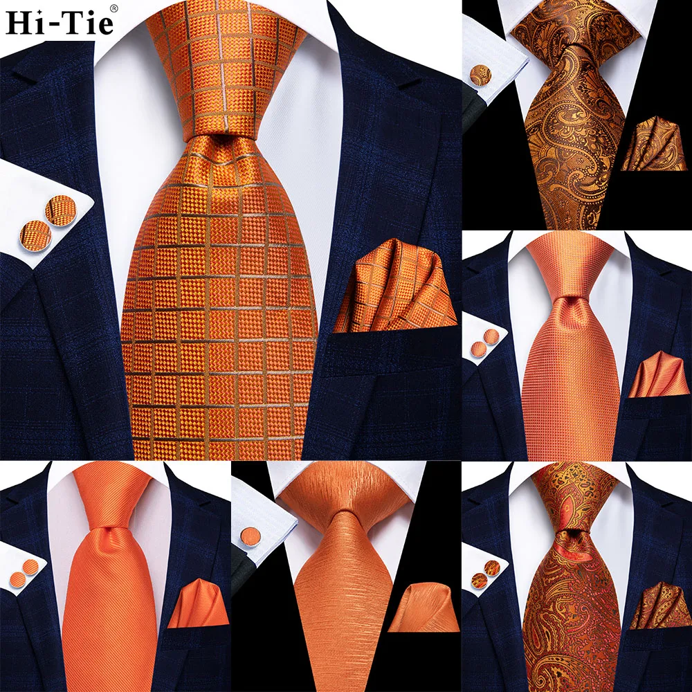 Silk Elegent Tie For Men Orange Gold Plaid Handky Cufflink Gift Mens ...