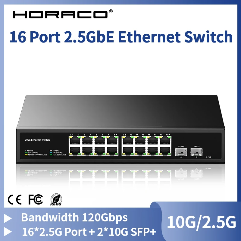 Horaco switch ethernet de 16 portas 2.5g com 2 portas 10g sfp + switch ...