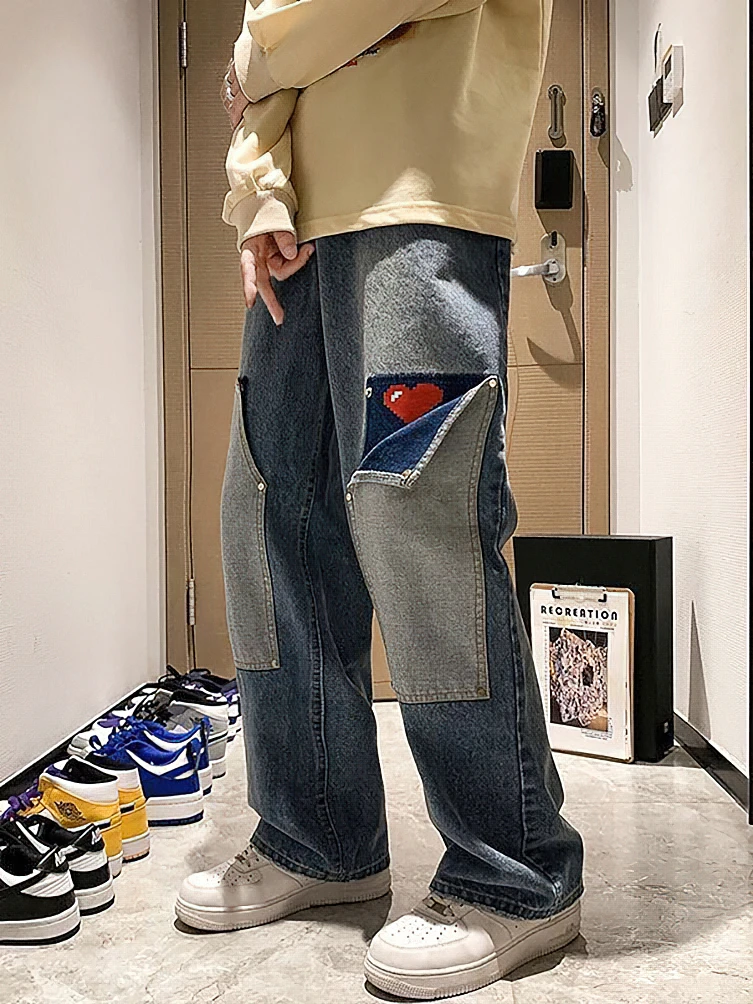 Harajuku-Wide-Leg-Baggy-Cargo-Jeans-Pants-Men-Heart-Oversize-Straight ...