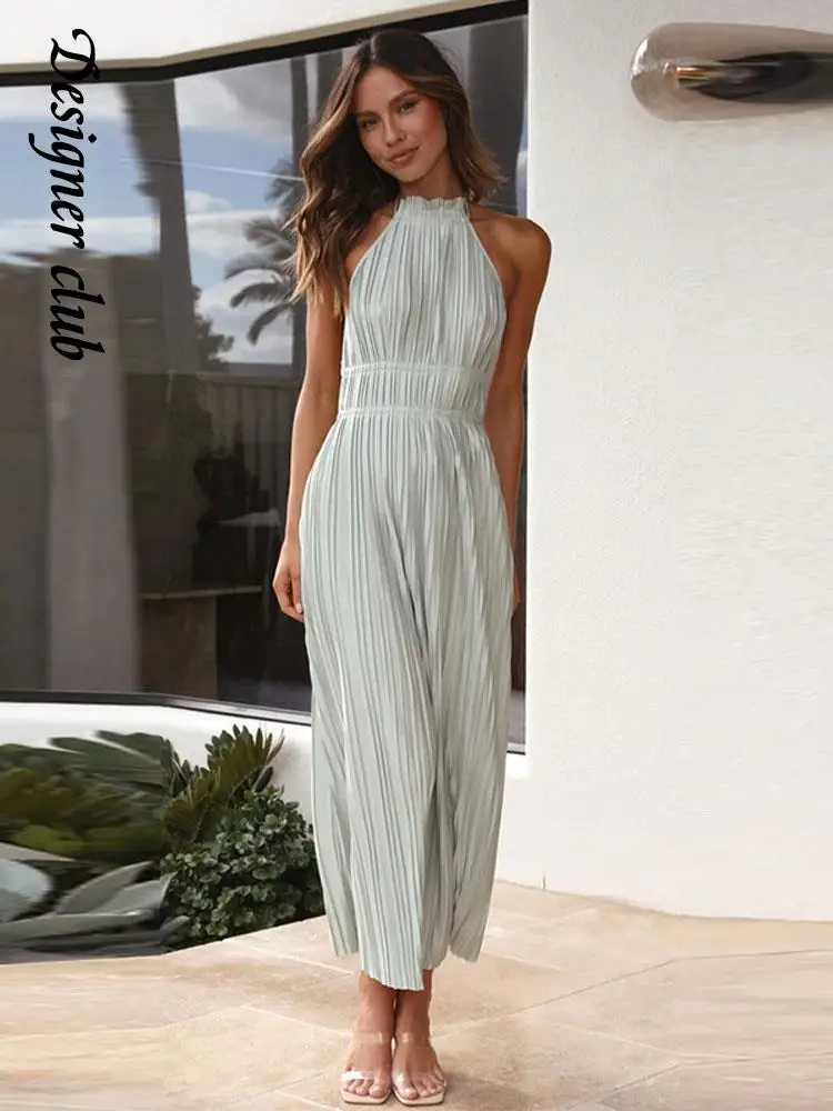 Sweet-Solid-Women-s-Lace-Up-Pleated-Midi-Dress-Sexy-Hanging-Neck-Off ...