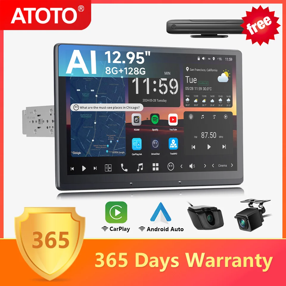 ATOTO 12.95インチ 1Din 大画面 Android 13 カーラジオ 8G+128G WIFI Bluetooth 4G LTE CarPlay Android Auto シングル ...