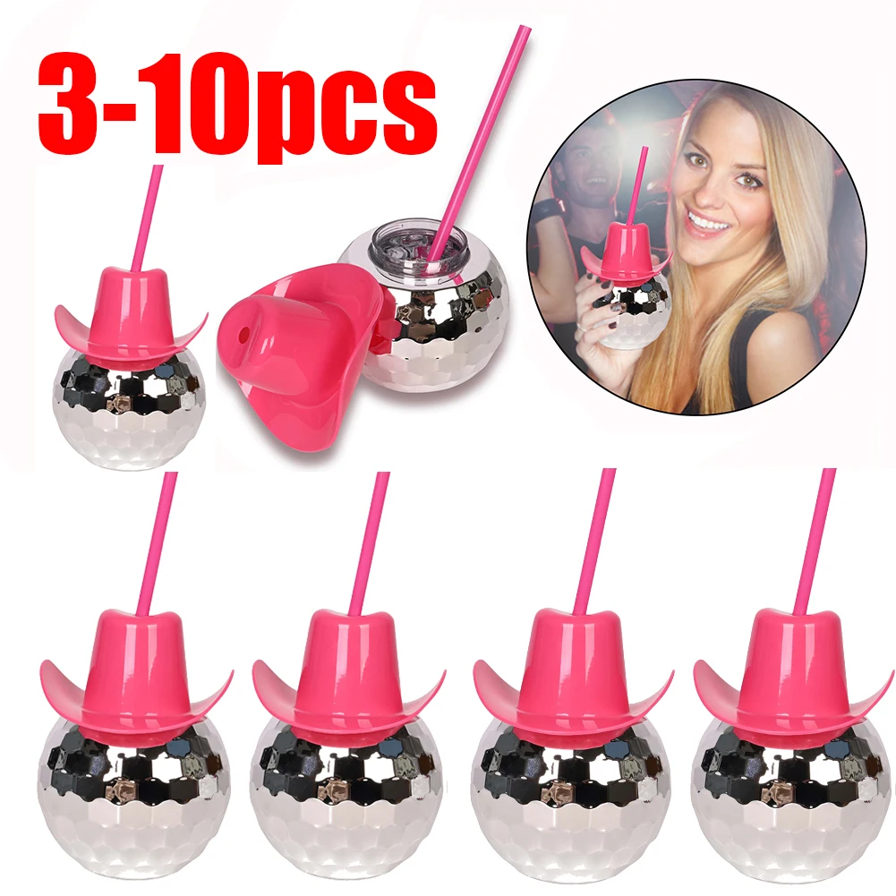 3-10pcs-Disco-Ball-Cups-Pink-Cowgirl-Hat-Cups-with-Straw-Mirror-Ball ...