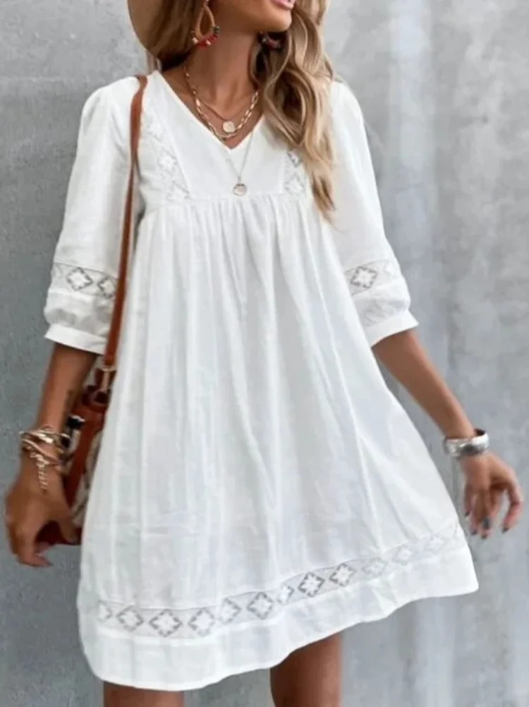 2023 Casual Spring Summer Women Lace Dress Solid Color V Neck A Line