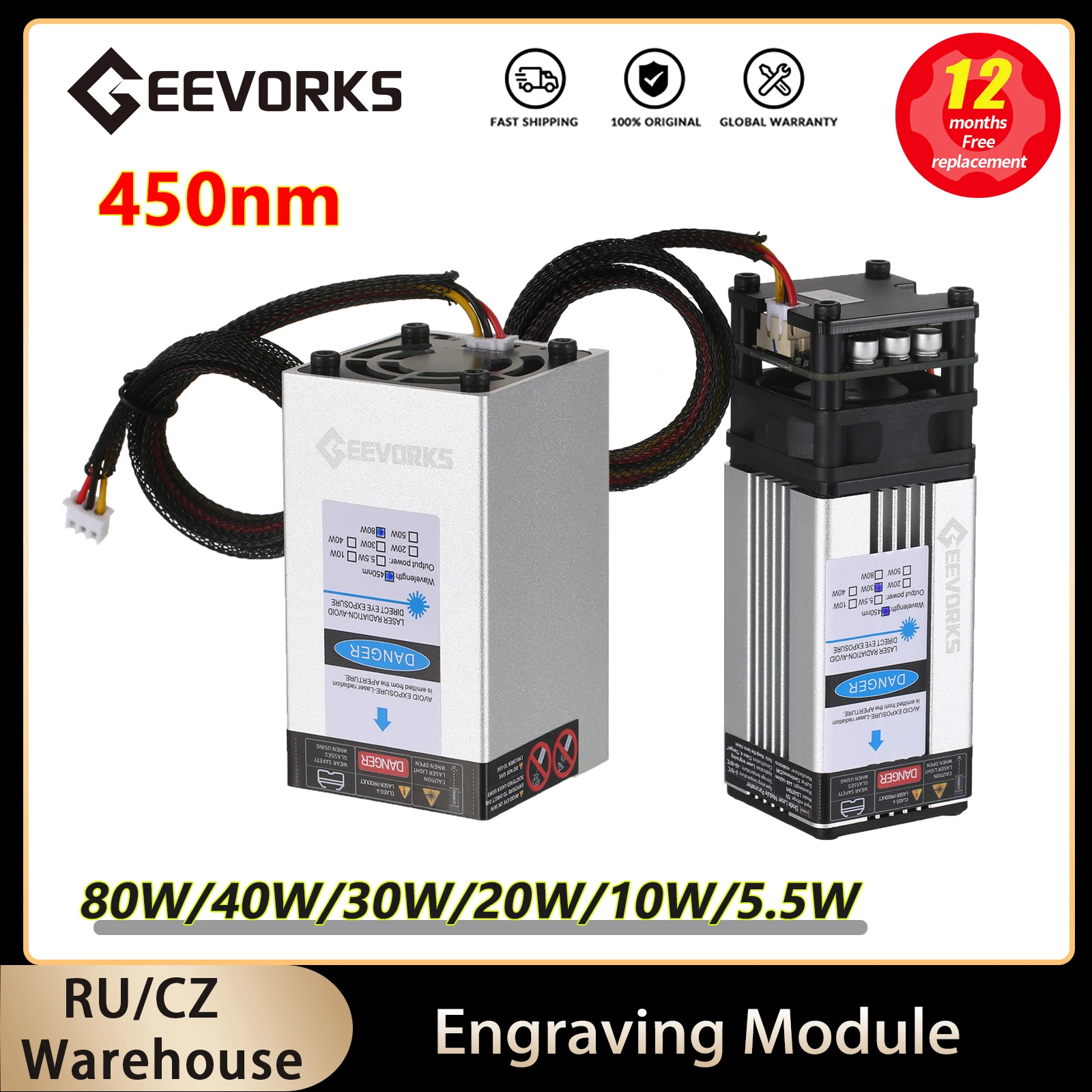 Geevorks 450nm 80/40/30/20W Laser Module Fixed Focal Length Laser ...