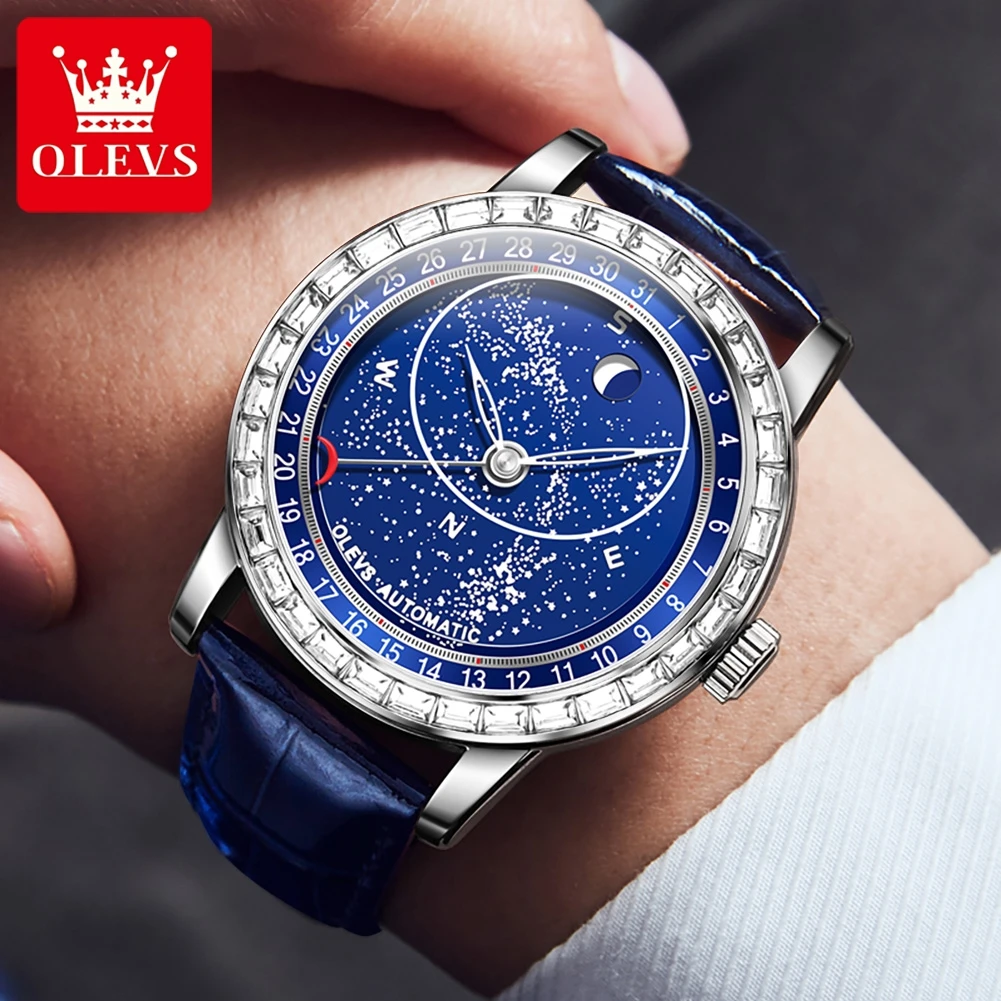 OLEVS Original Mechanical Watch for Men 43.5mm Dial Luminous Starry Sky ...