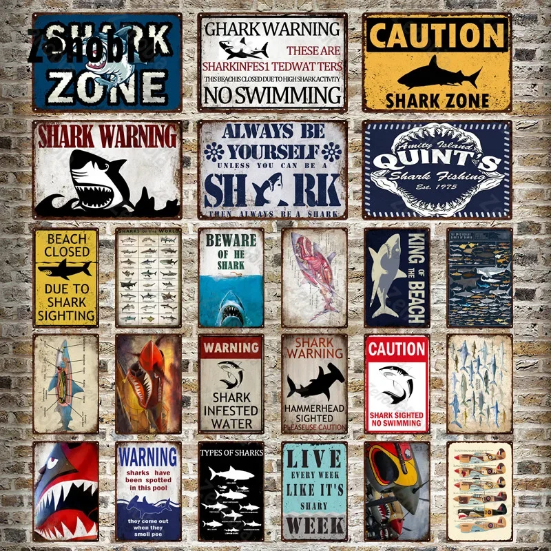 Shark Metal Sign Shark Warning Caution Shark Zone Metal Poster Vintage ...