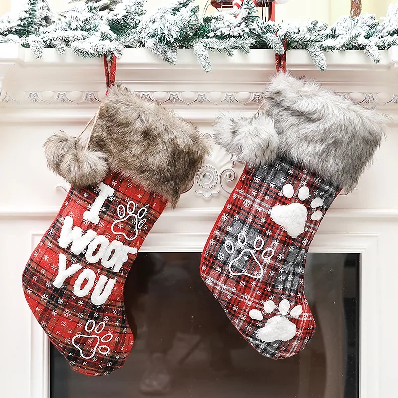 1pc Dog Christmas Ornaments Socks Pendants XMAS Fur Collar Lattice ...