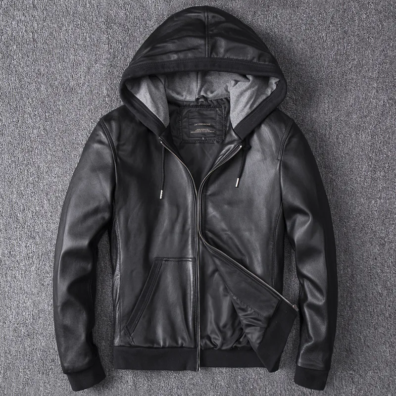 New style High-end sheep leather jacket hooded leather men's short coat ...