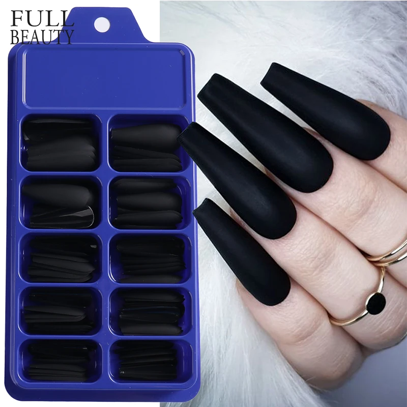 100pcs/box Matte Black Press On Nails Solid Color Frosted False Fake ...