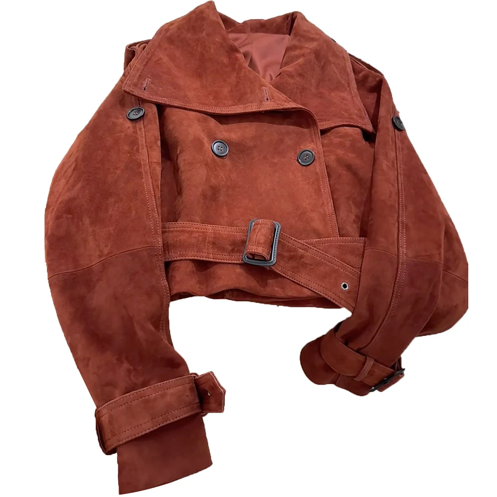 YOLOAgain Stand Collar Suede Jacket Women With Belt Double Breasted ...