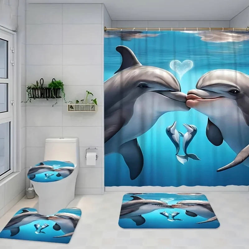 4pcs Dolphin Pattern Shower Curtain Set, Shower Curtain With 12 Hooks ...