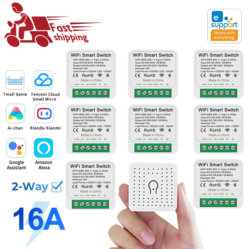 16A Wifi Wireless Switch 2 Way Control Relay Mini Smart Light Switch ...