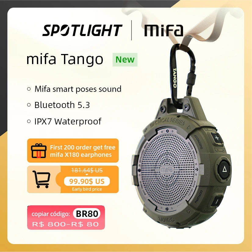 Mifa tango portátil alto falante bluetooth com lanterna, ip67 à prova ...
