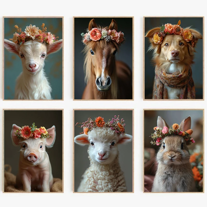 Flower Crown Animals Canvas Posters Bunny Goat Pig Dog Horse Sheep ...