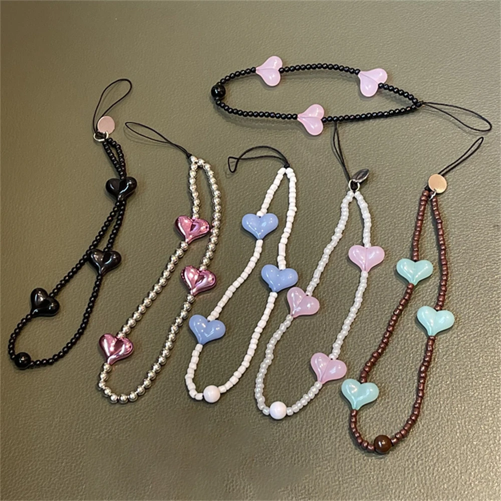 Korean-Cute-Simple-Love-Heart-Beaded-Phone-Charm-Chain-For-iPhone-Women ...