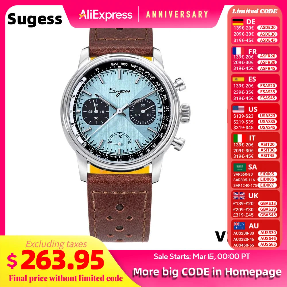 Sugess montre pilote hommes ST1906 mouvement main vent chronographe ...