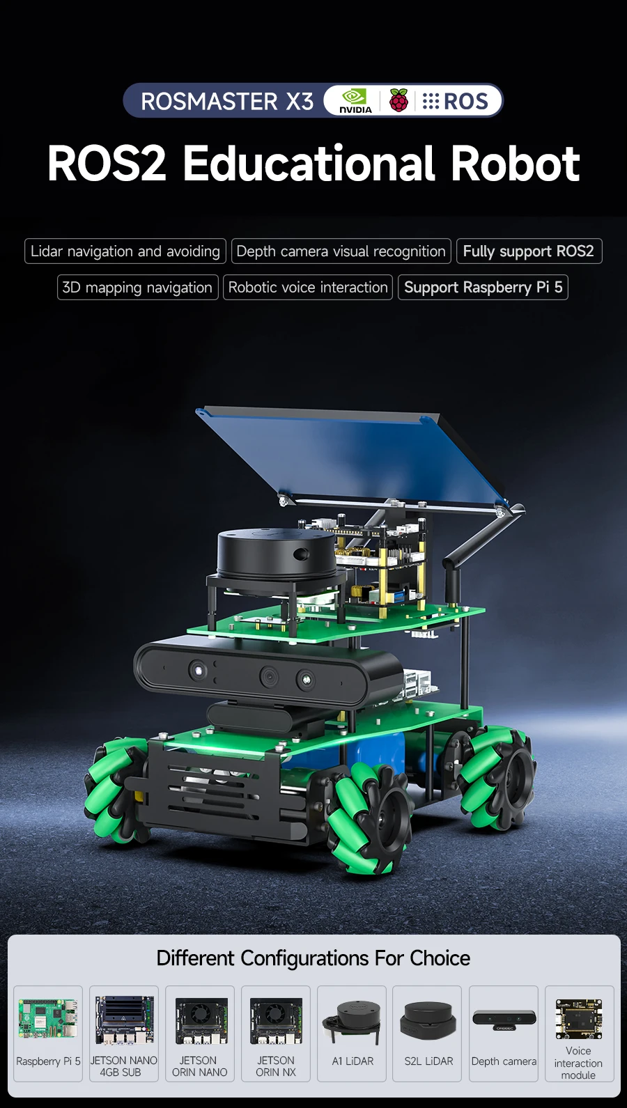 ROSMASTER X3 ROS2 Robot Smart Car with Mecanum Wheel Electronic Learning Kit for Jetson NANO ...