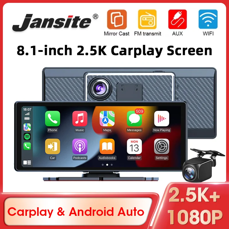 Jansite-cámara de salpicadero de 8,1 pulgadas, 2,5 K + 1080P, Carplay ...