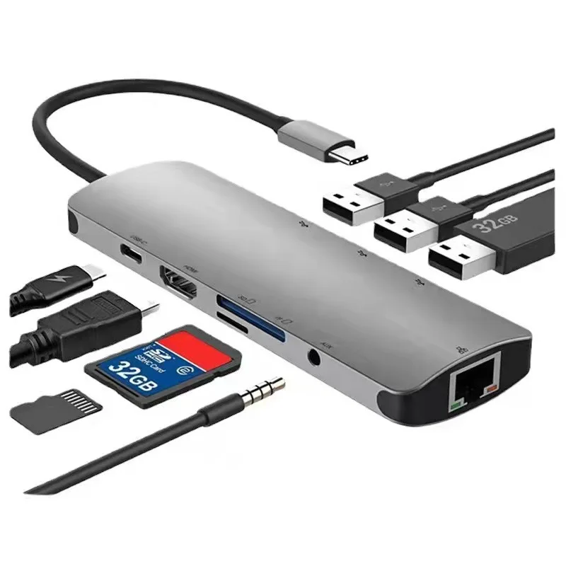 2022 노트북 스탠드 범용 9 인 1 Usb C 타입 어댑터 허브 USB C 허브 멀티 포트 어댑터, H DMI 4K RJ45 이더넷 3.5mm Aux 포함 ...