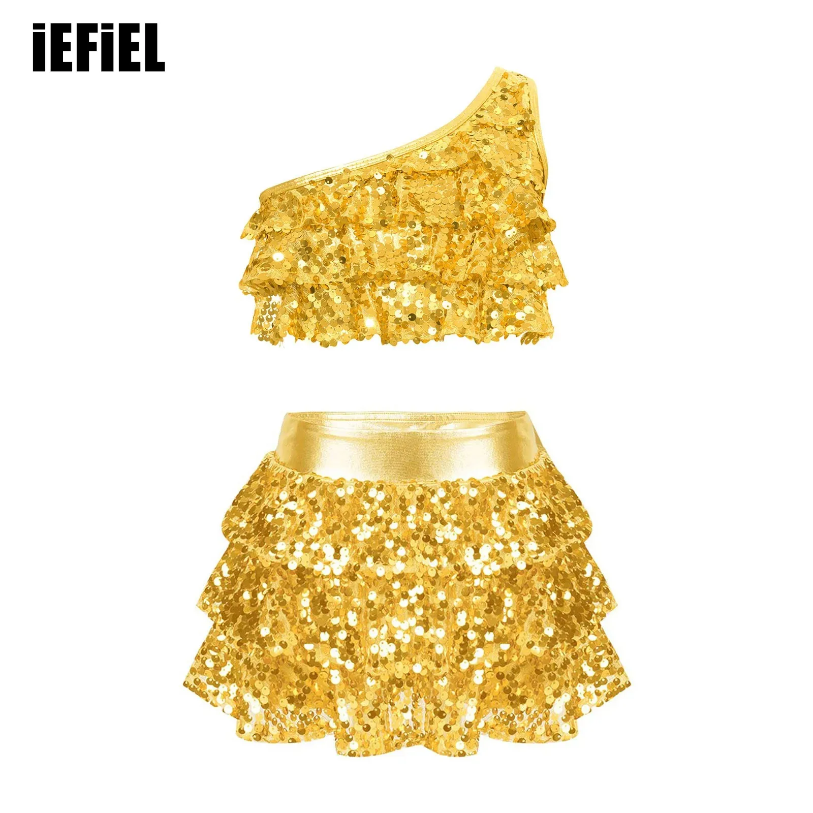 Kids-Girls-Metallic-Shiny-Sequins-Dance-Outfit-Tiered-Ruffles-Crop-Top ...