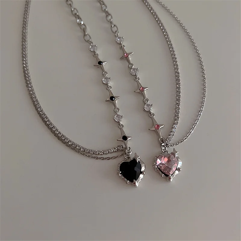 Kpop Black Heart Pendant Necklace Punk Shiny Rhinestone Star Asymmetric ...